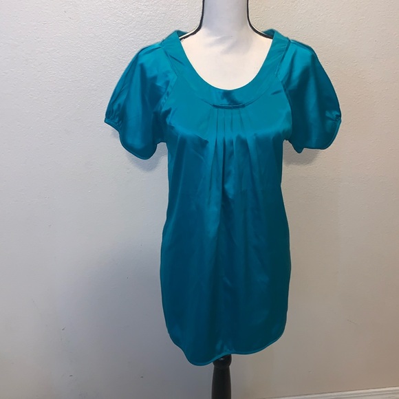 Mikarose | Tops | Mikarose Satin Peacock Green Pleated Short Sleeve ...